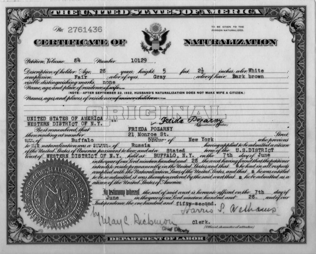 Pozarny Freida Certificate of Naturalization 1928 - Jewish Buffalo ...