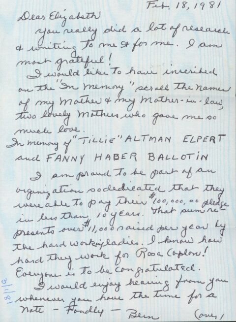Rosa Coplon Women's League, Letter, 1981 - Jewish Buffalo History Center